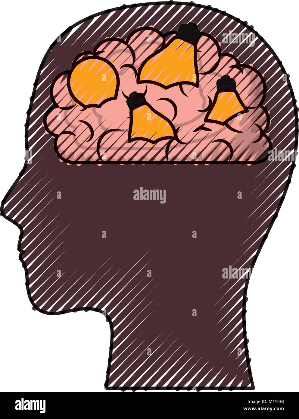 human face brown silhouette with brain and light bulbs in colored ...