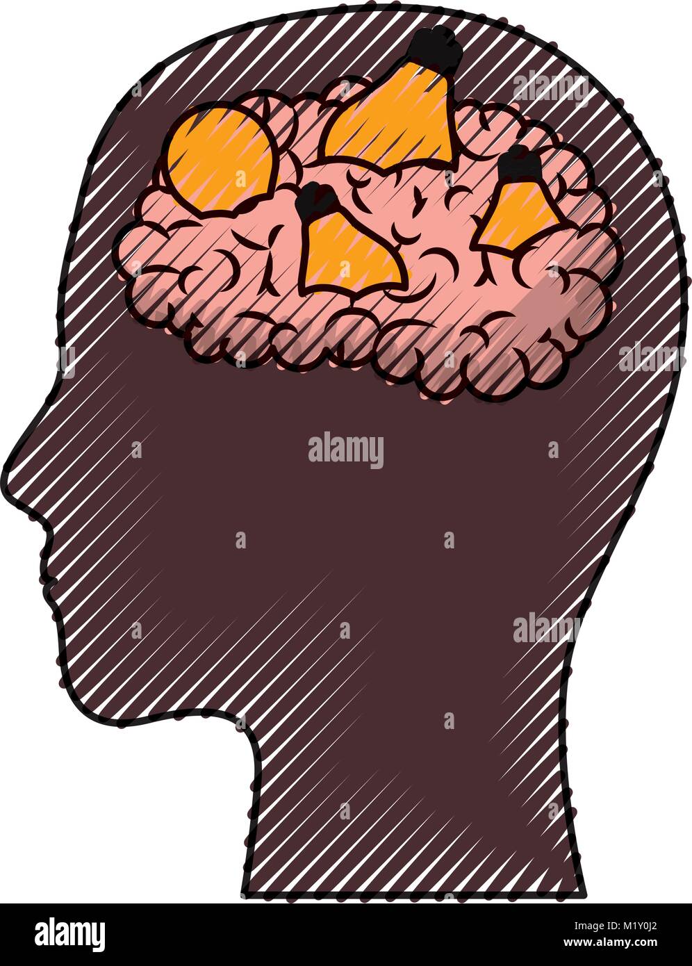 human face brown silhouette with brain and light bulbs in colored ...