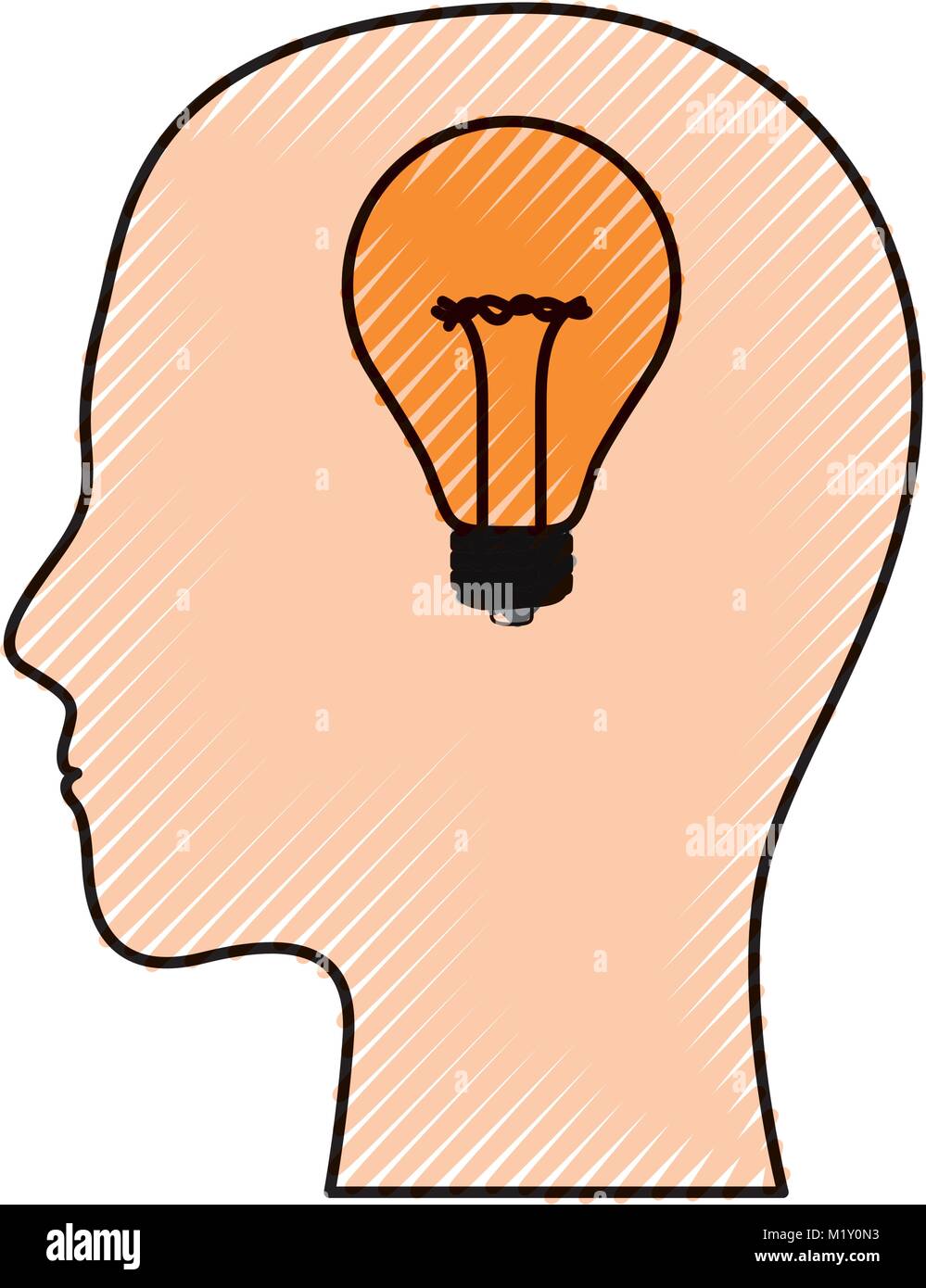 human face silhouette with light bulb inside in colored crayon ...