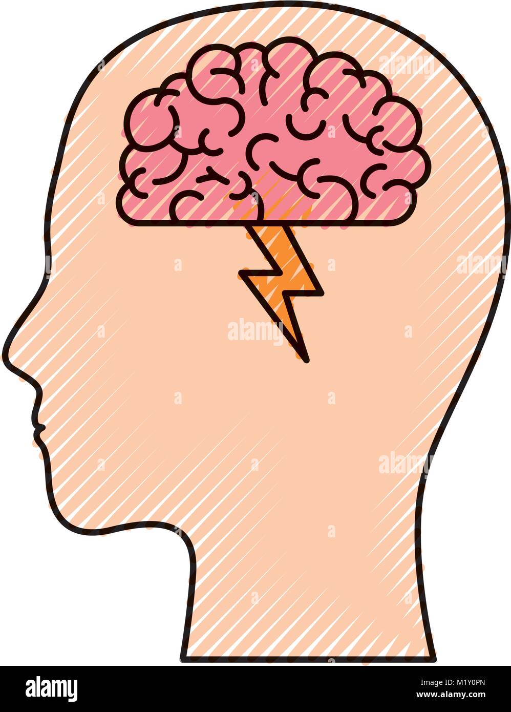 human face silhouette with brain with ray in colored crayon silhouette ...
