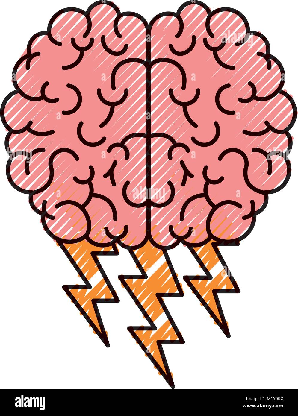 brain in top view with lightnings in colored crayon silhouette Stock ...
