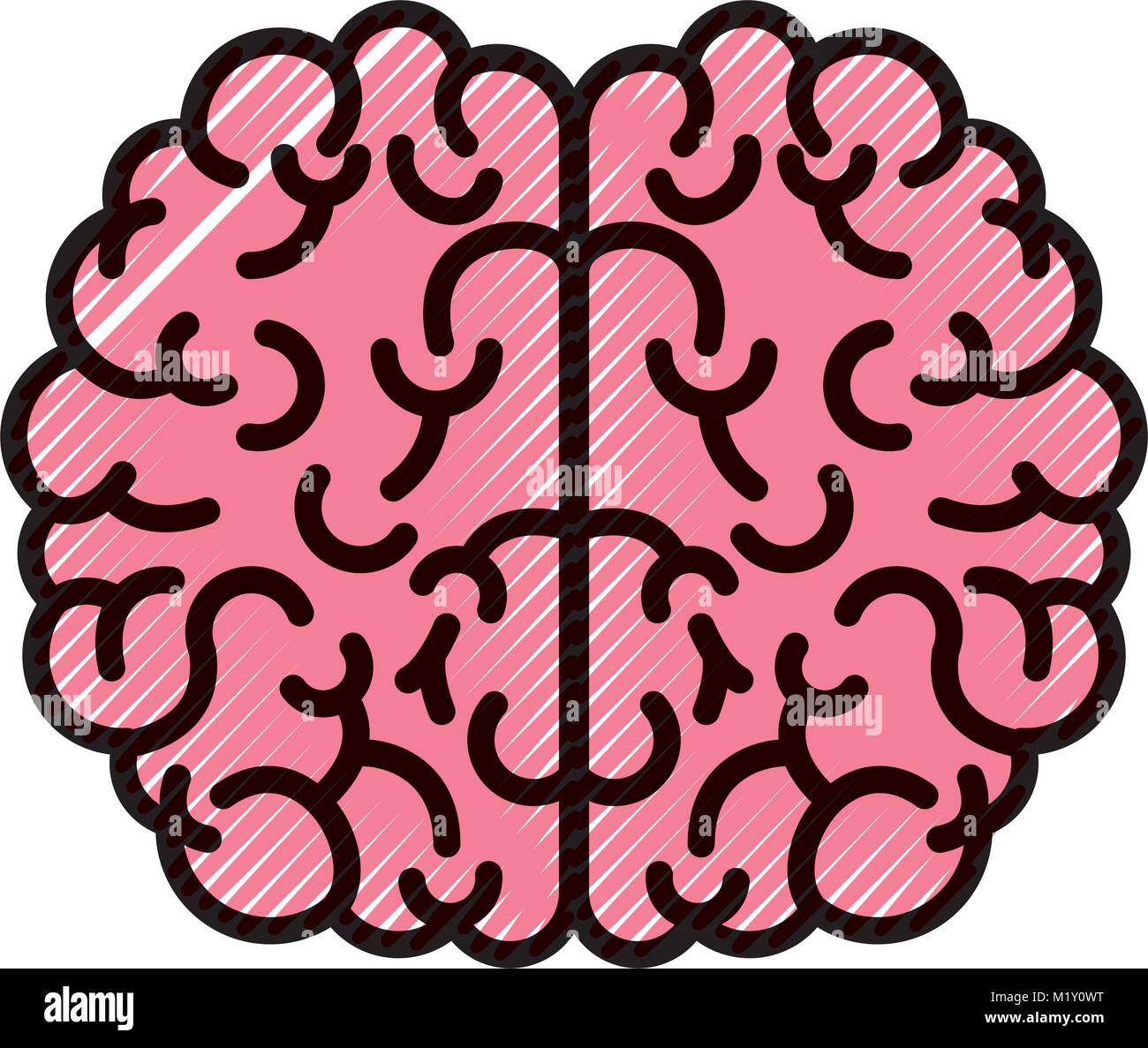 brain top view in colored crayon silhouette with black thick contour ...