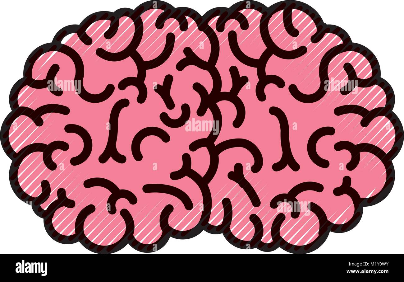 brain side view in colored crayon silhouette with black thick contour ...