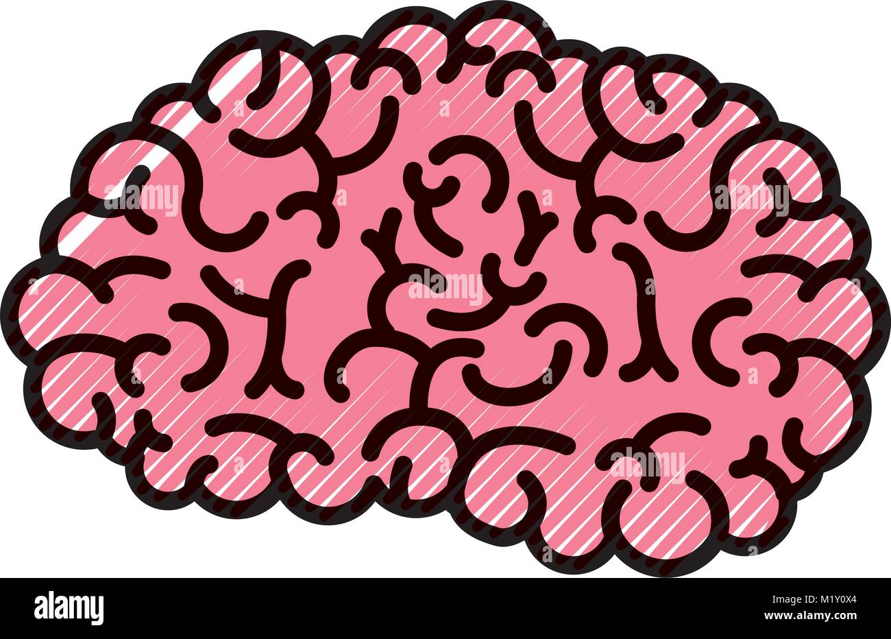 brain side view in colored crayon silhouette with black thick contour ...