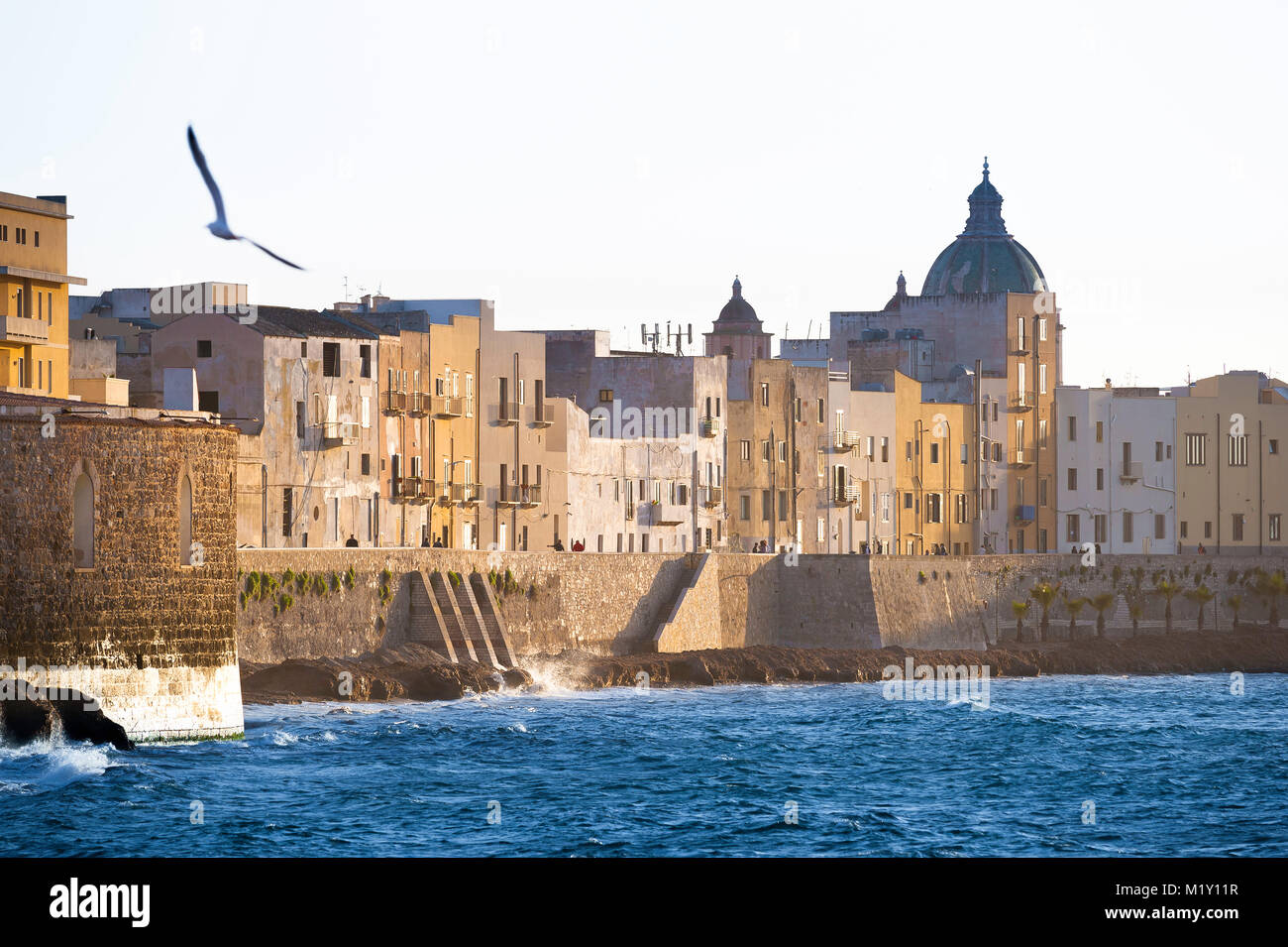 Sicily coast town, view at sunset of the skyline of Trapani viewed from ...