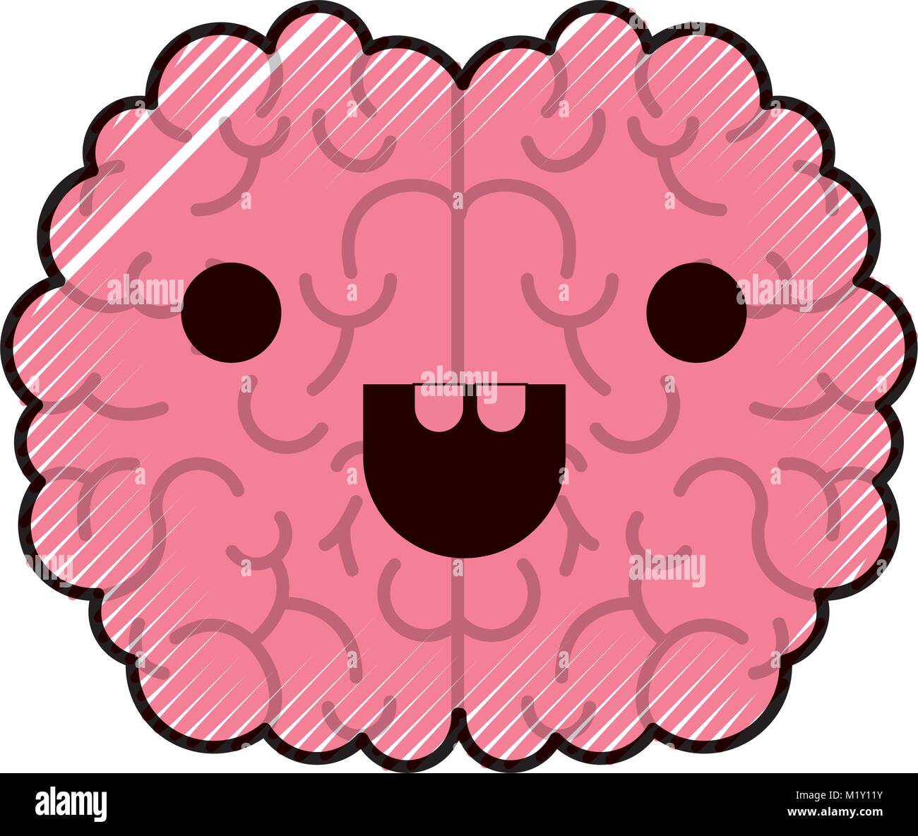 brain character with happy expression in colored crayon silhouette ...