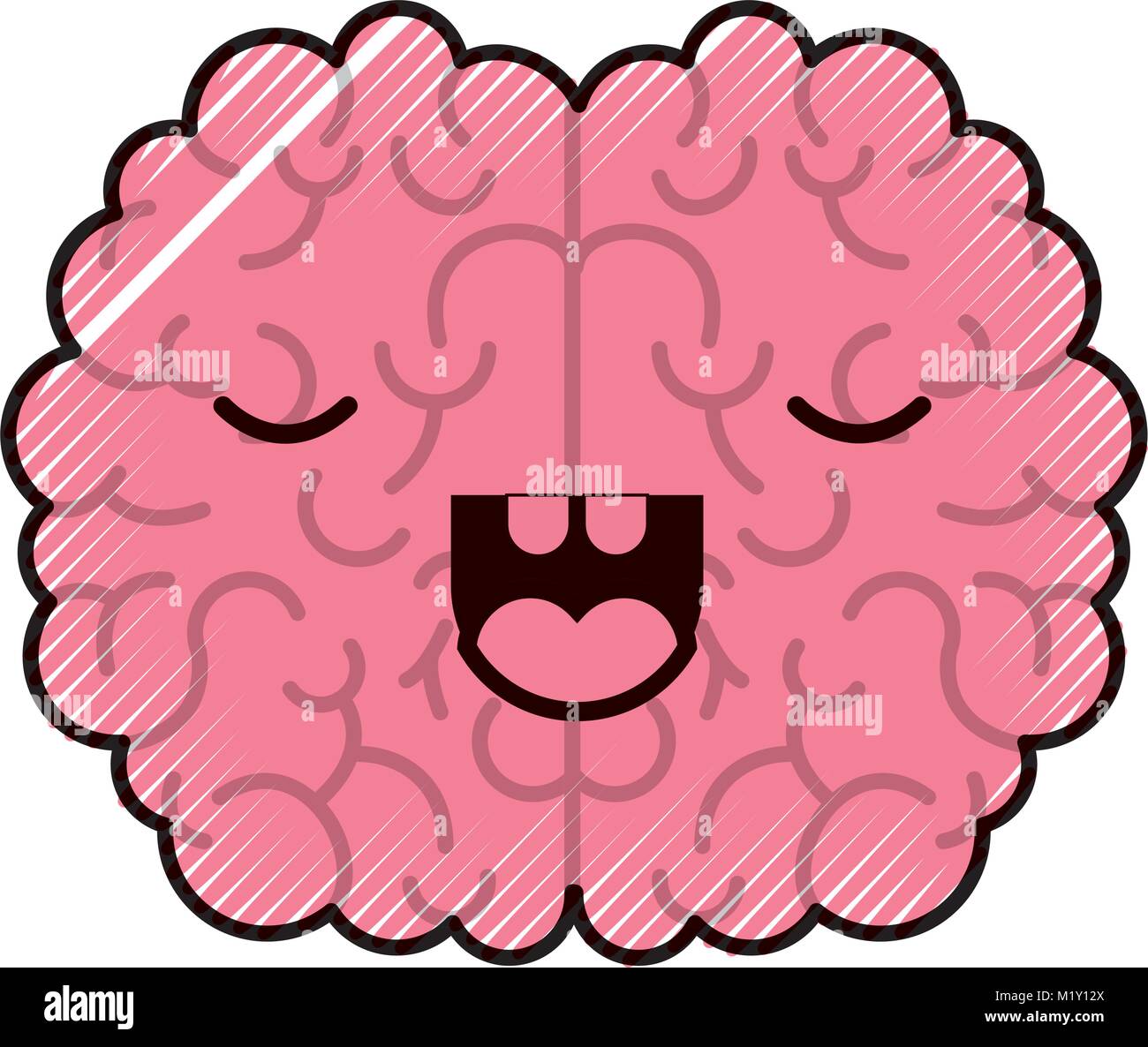 brain character with concentrated expression in colored crayon ...