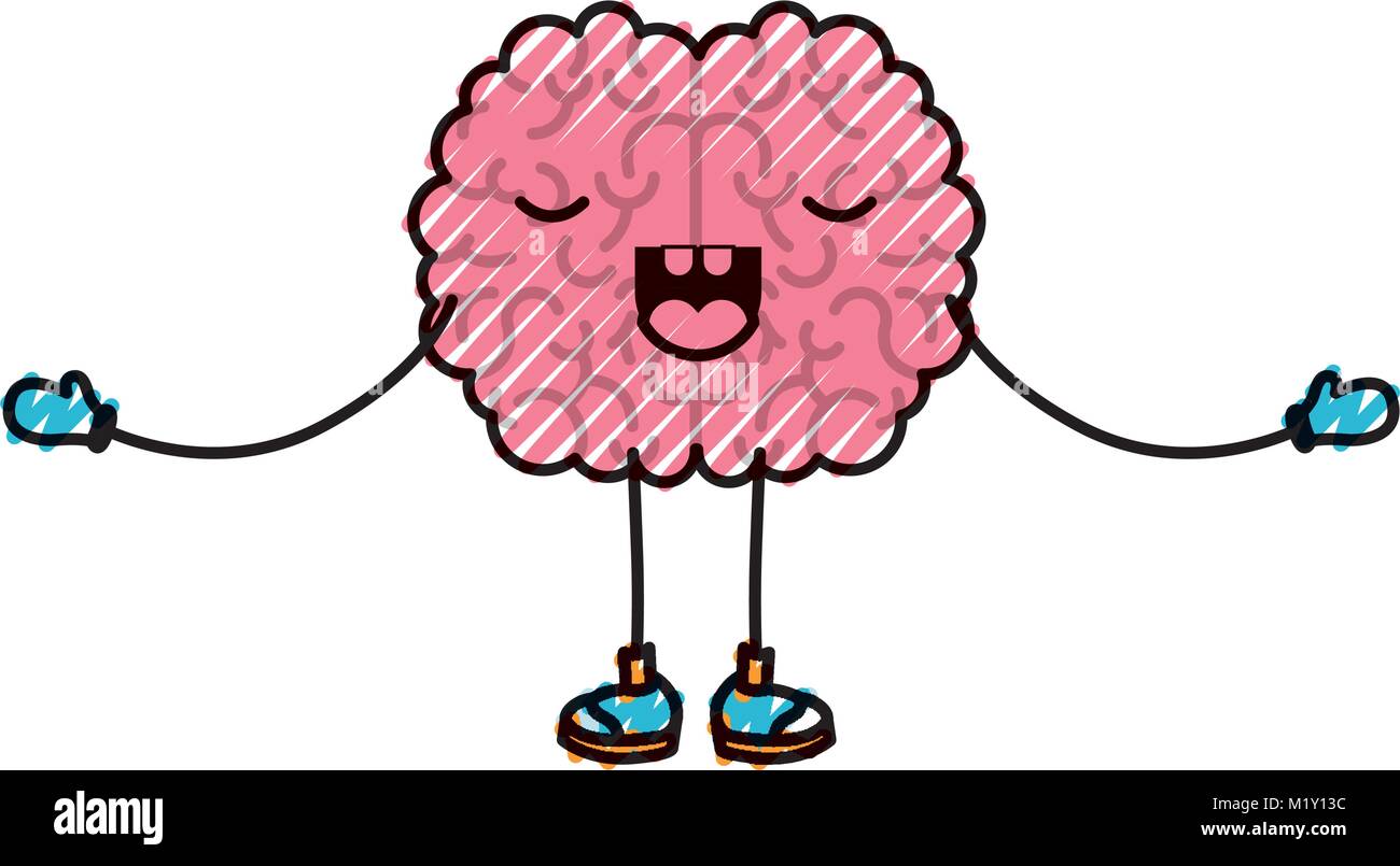 brain cartoon in standing position with open arms and concentrated ...