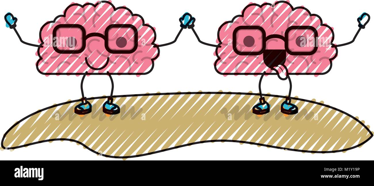cartoon brains couple and both with glasses and holding hands with calm ...