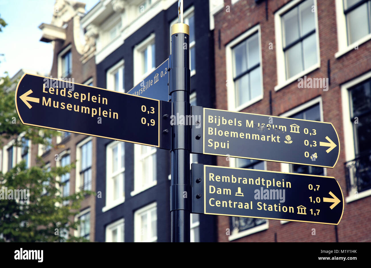 AMSTERDAM; THE NETHERLANDS - AUGUST 19; 2015: Tourist signpost street ...