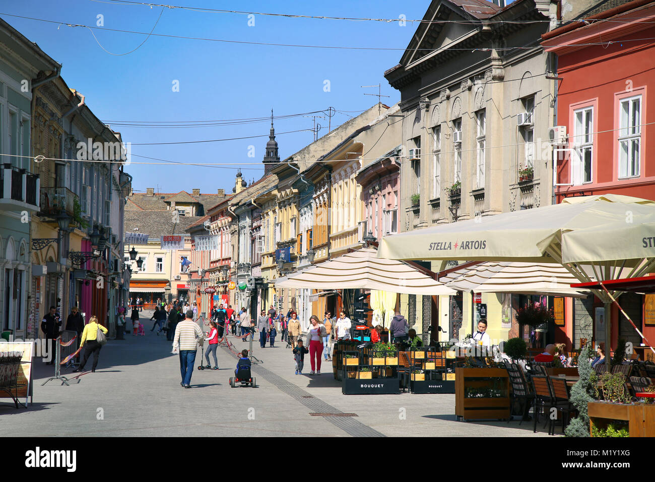 NOVI SAD, SERBIA - APRIL 03: Dunavska Street is one the oldest streets ...