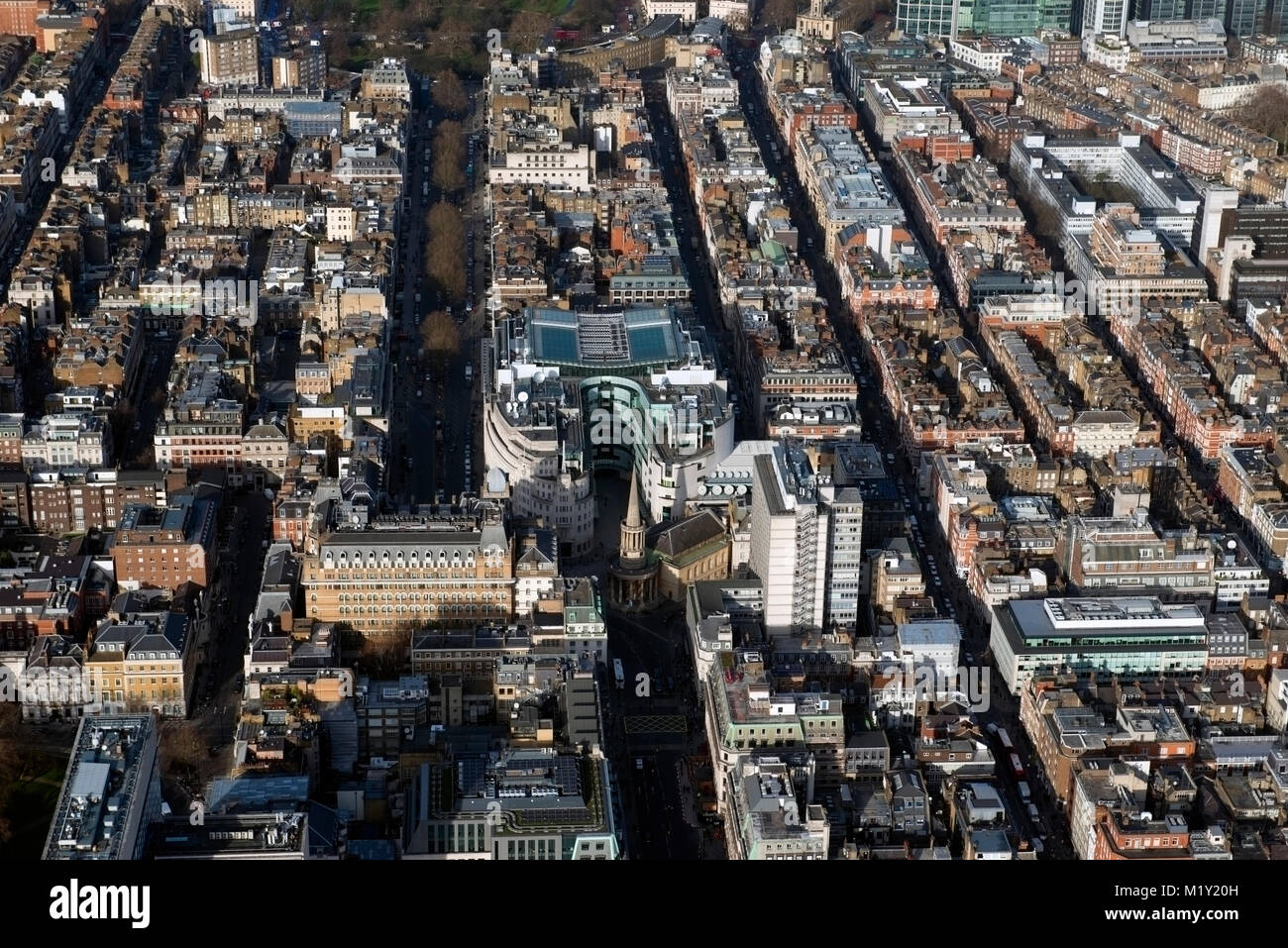 Aerial view of The West End of London with the BBC building and BT ...
