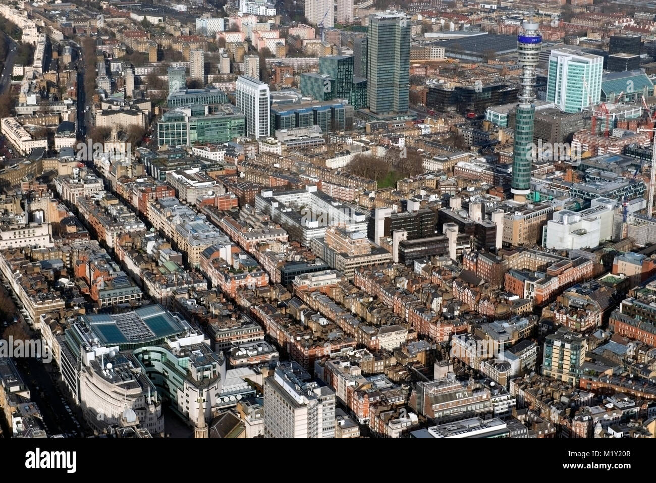 Aerial view of The West End of London with the BBC building and BT ...