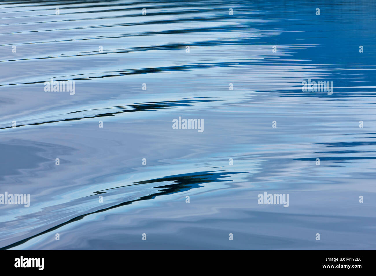 Overcast skies, still water, and a boat wake create blue abstract ...