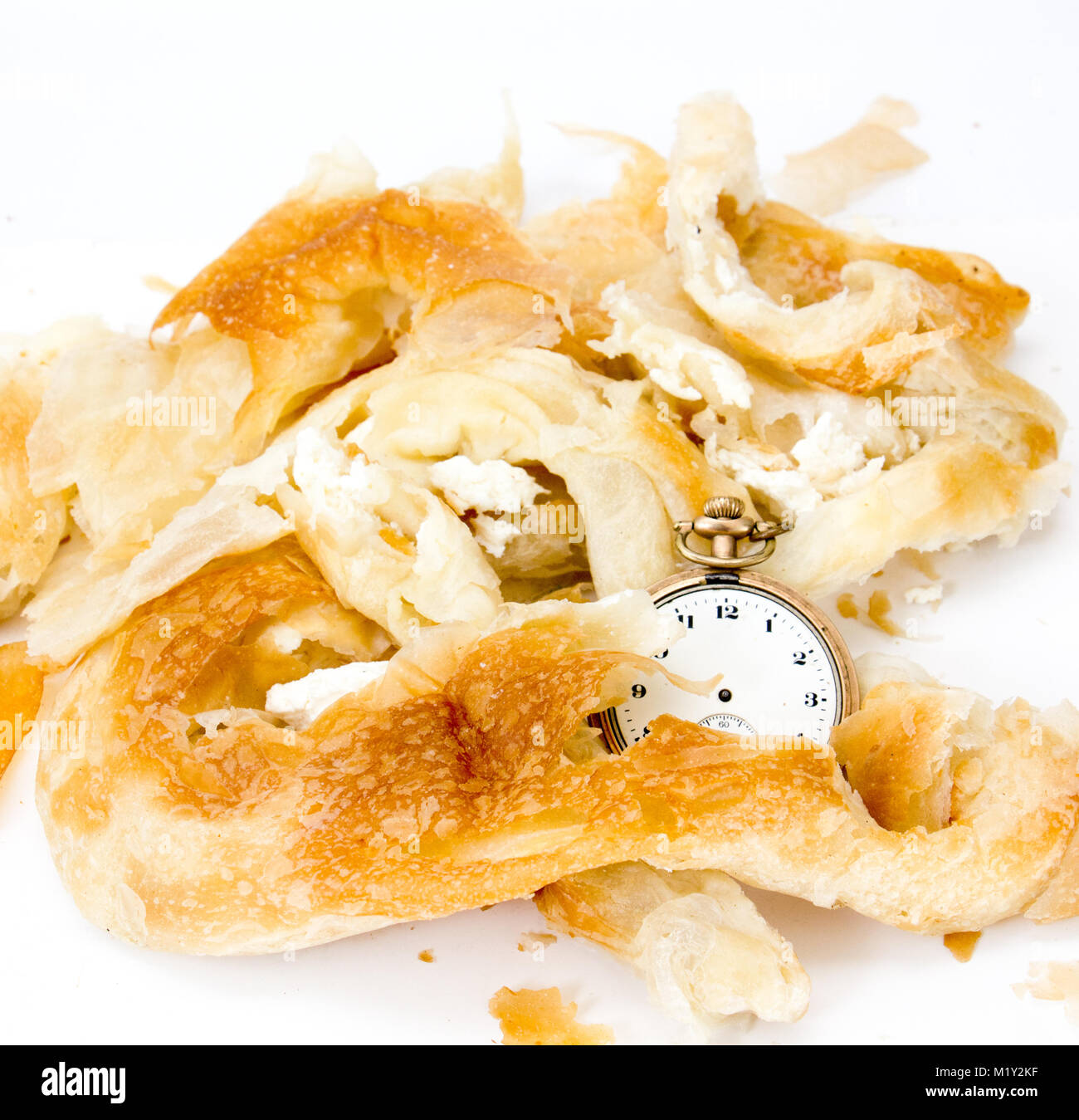 Round domestic burek pie with cheese on the white ,image of a Stock ...