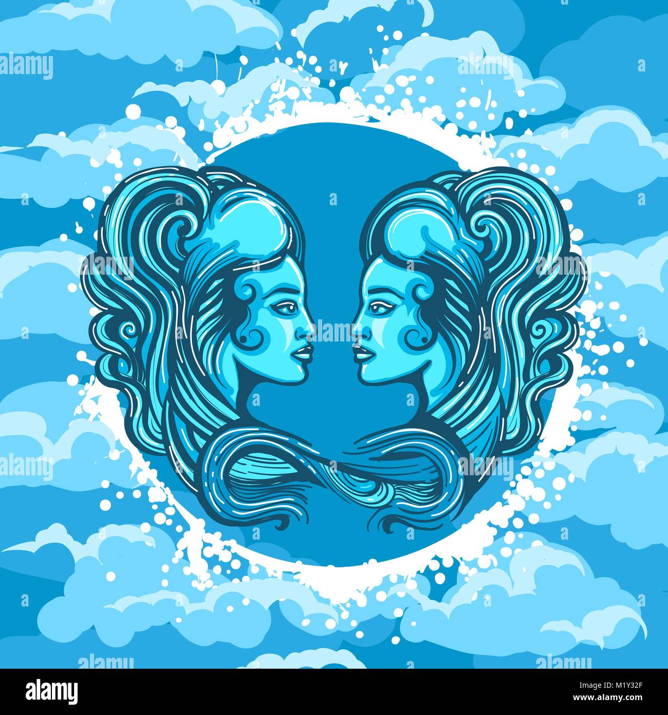 Two Woman Faces in Air Circle. Zodiac symbol of Gemini on Air ...