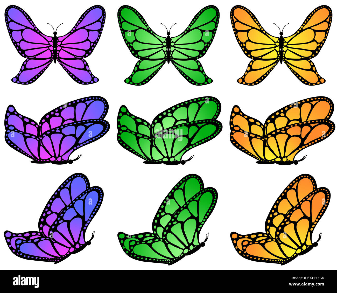 Color gradient patterned butterfly set on white isolated background, 9 ...
