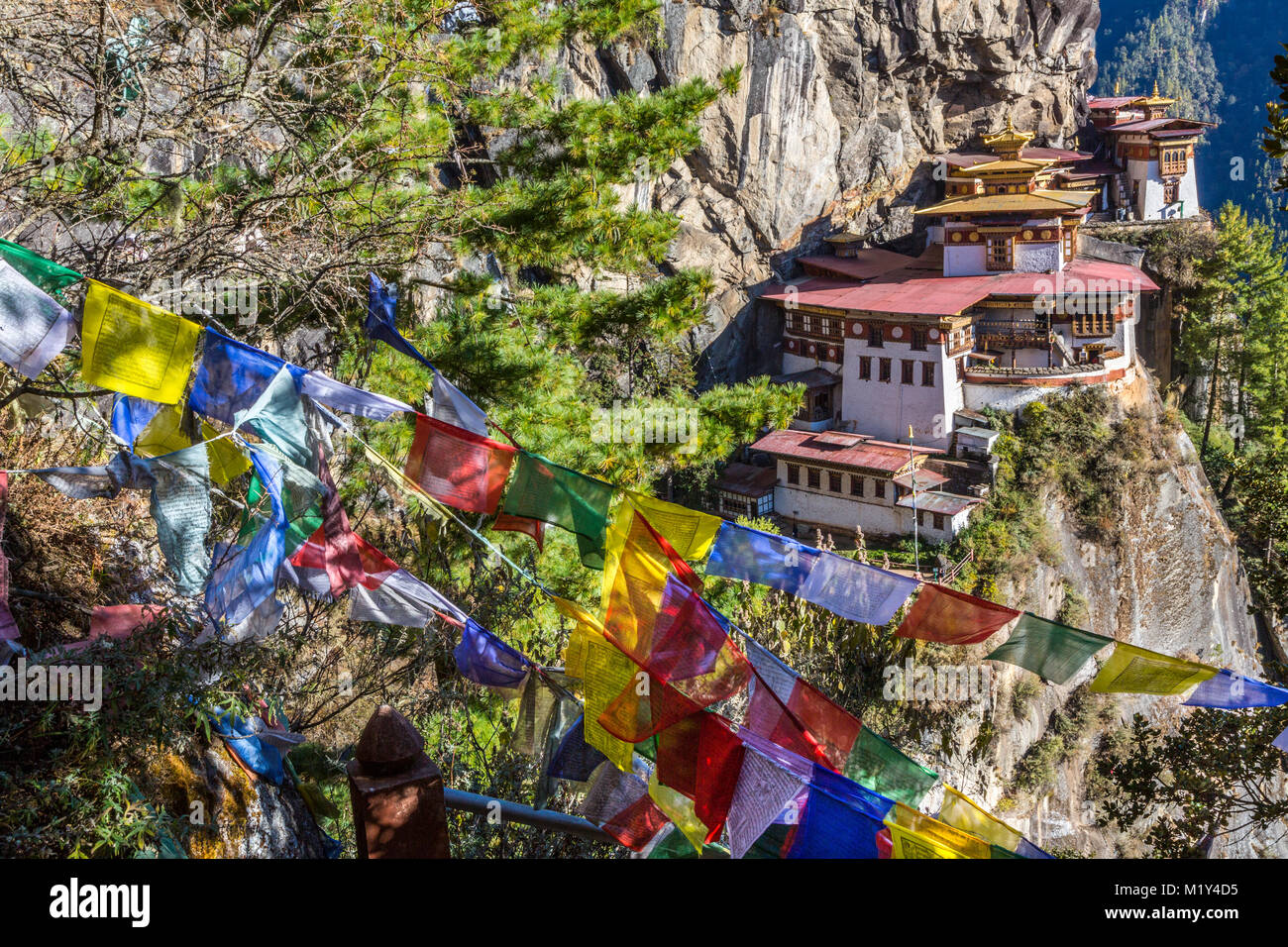 Paro, Bhutan. Tiger's Nest Monastery, Prayer Flags in Foreground Stock ...