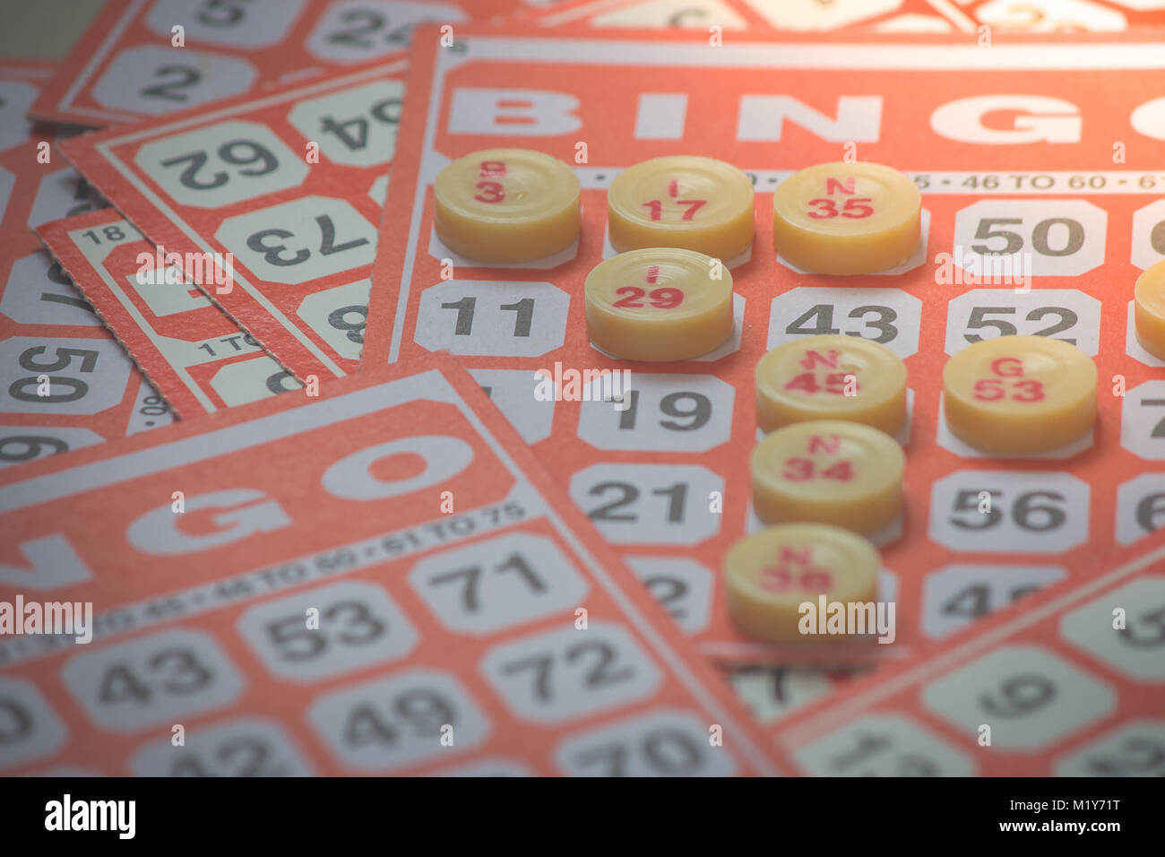 Business Success Concept : Red bingo card with white chip in vintage ...