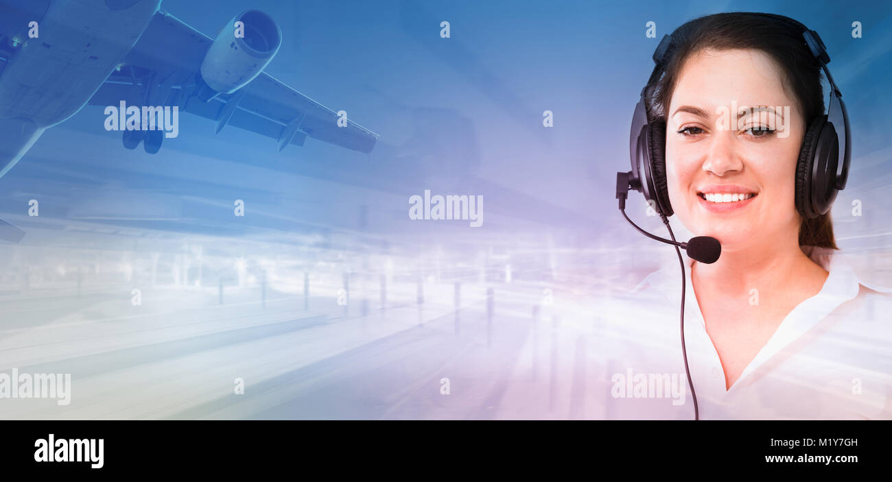 Girl dispatcher offering help in navigation for flying plane Stock ...