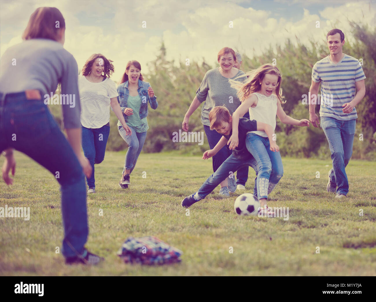 Friendly and glad family playing football and scoring goals Stock Photo ...