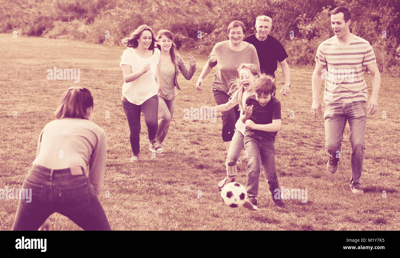 Smiling people of different ages playing football on grass Stock Photo ...
