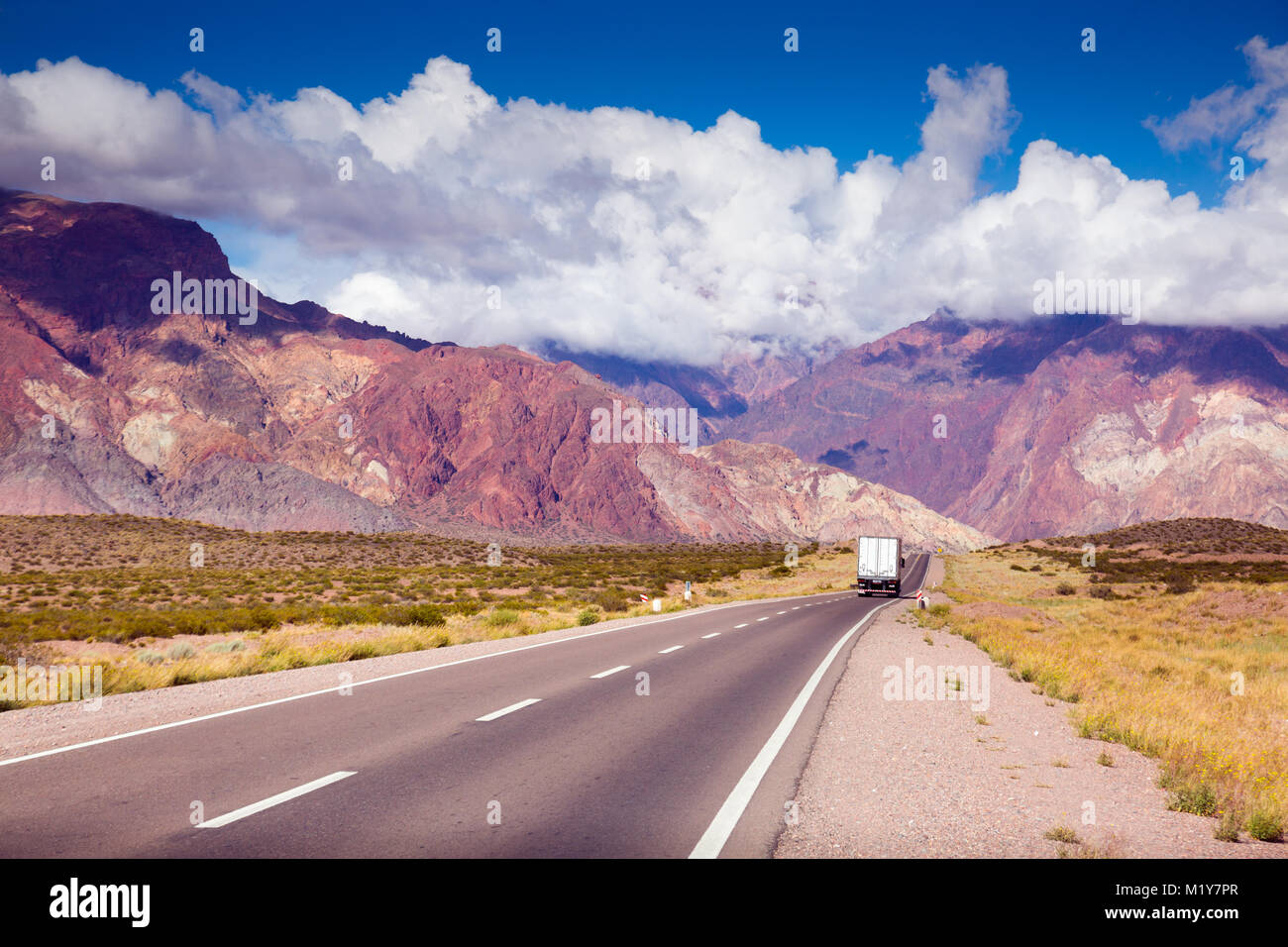 Highway RN 7 leading to mountains of Andes, Argentina, Patagonia, South ...