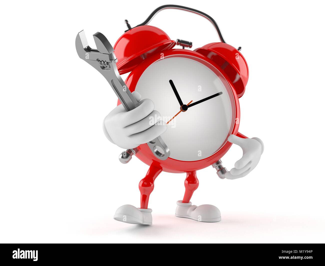 Alarm clock character with adjustable wrench isolated on white ...