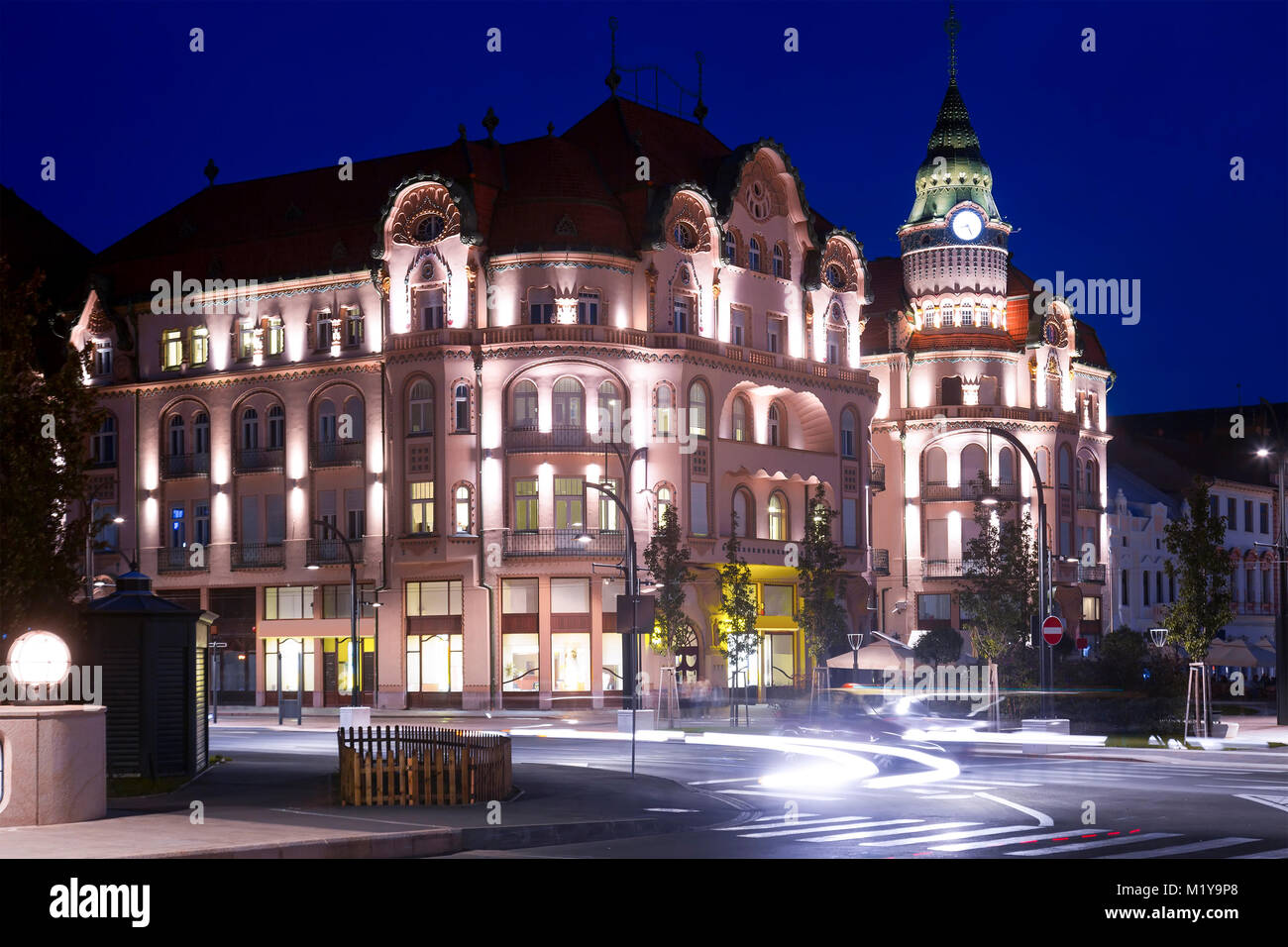 View of architectural hotel complex in Oradea in night, Romania Stock ...