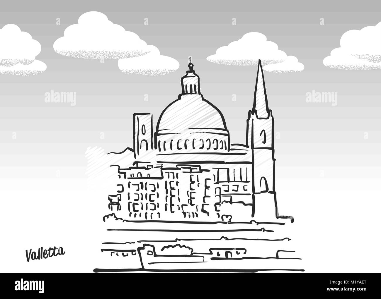 Valletta, Malta famous landmark sketch. Lineart drawing by hand ...