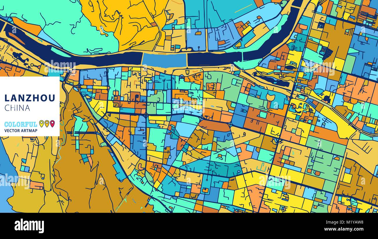 Lanzhou, China, Colorful Vector Artmap. Blue-Orange-Yellow Version for ...