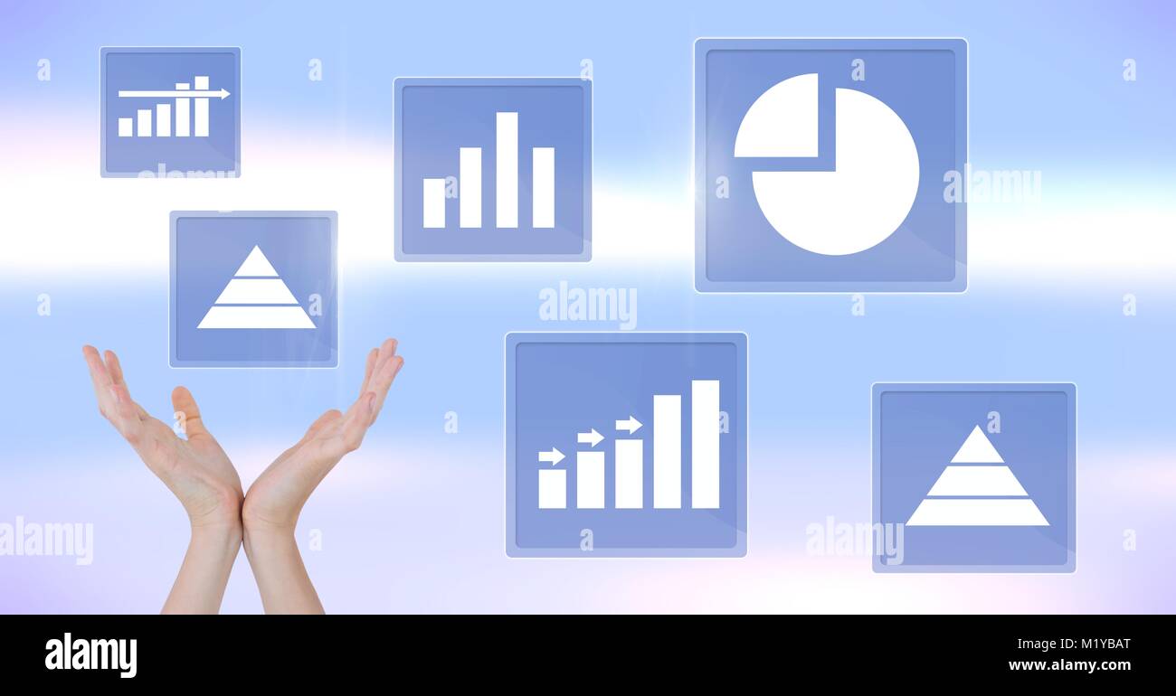Hands reaching for business chart statistic icons Stock Photo - Alamy
