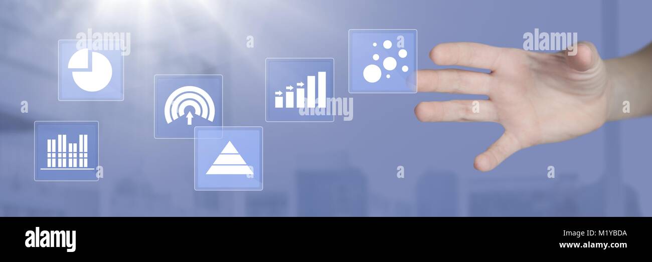 Hand touching business chart statistic icons Stock Photo - Alamy