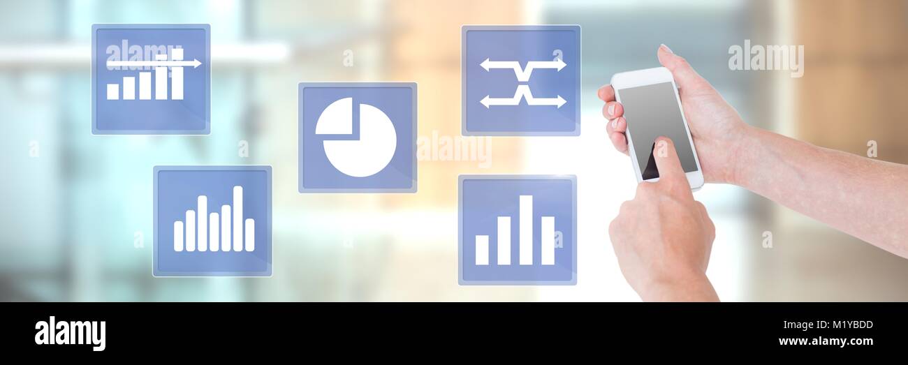Hand touching phone and business chart statistic icons Stock Photo - Alamy