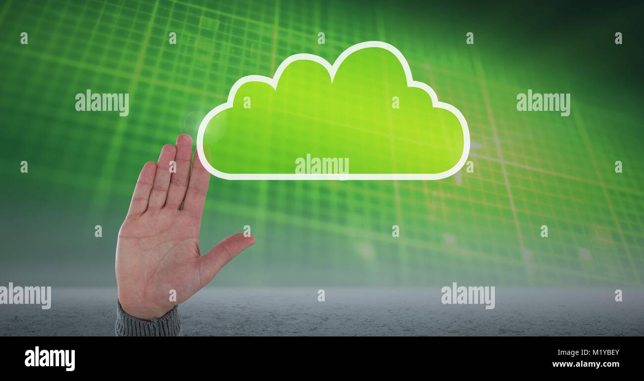 Hand with cloud icon and green technology background Stock Photo - Alamy