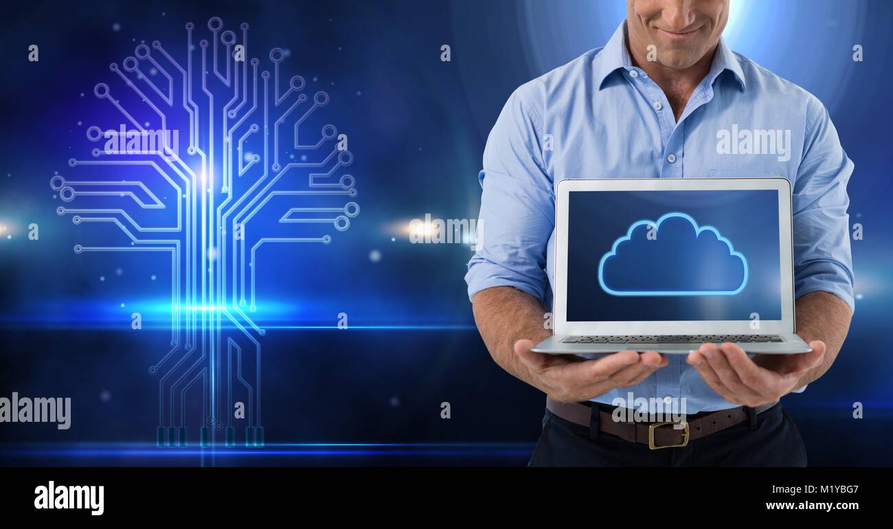 Hands holding laptop with cloud icon and technology background Stock ...
