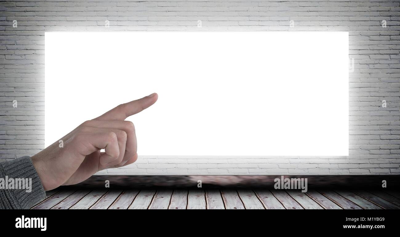 Hand pointing at blank board Stock Photo - Alamy