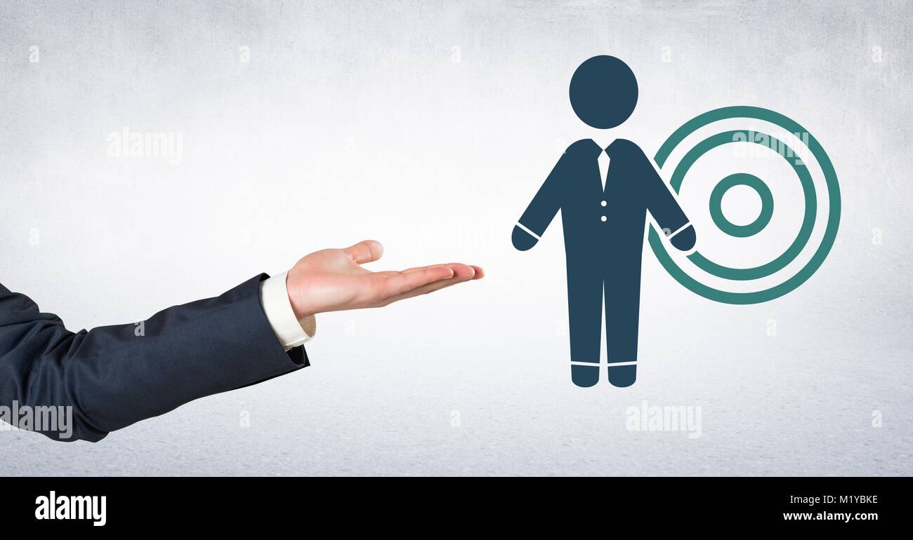 Hand open with businessman and target icon Stock Photo - Alamy