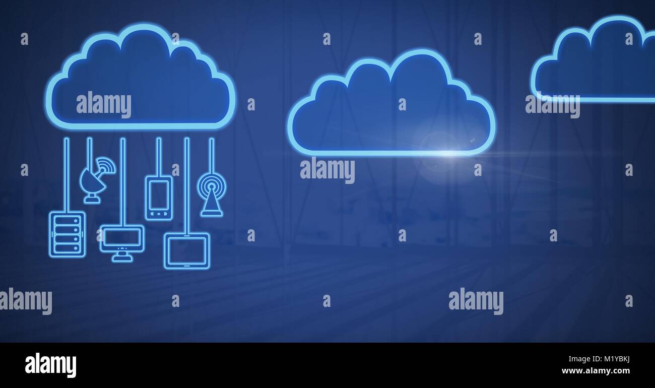 cloud icons and hanging connection devices with blue background Stock ...