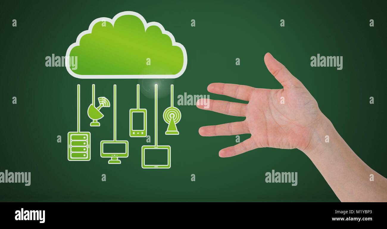 Hand with cloud icon and hanging connection devices Stock Photo - Alamy