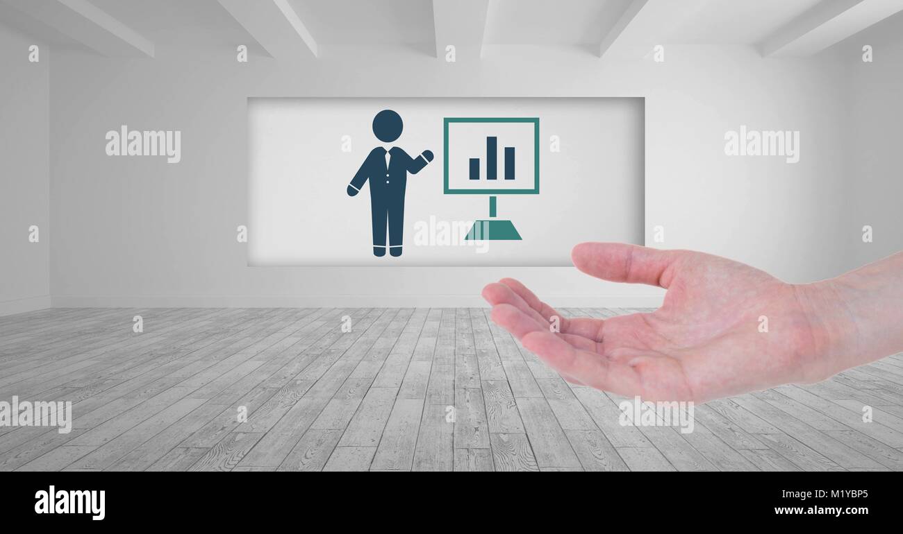 Hand open with Businessman presentation and chart screen icon Stock ...