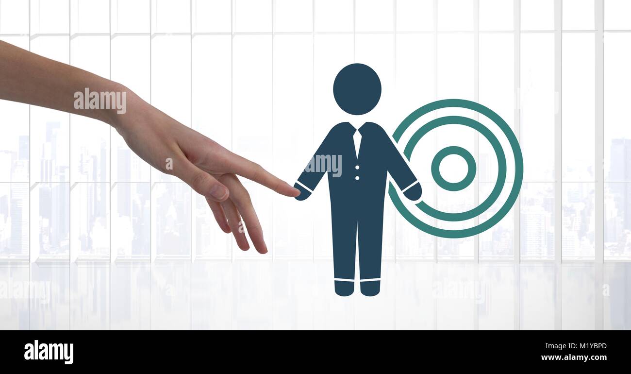Hand touching businessman and target icon Stock Photo - Alamy