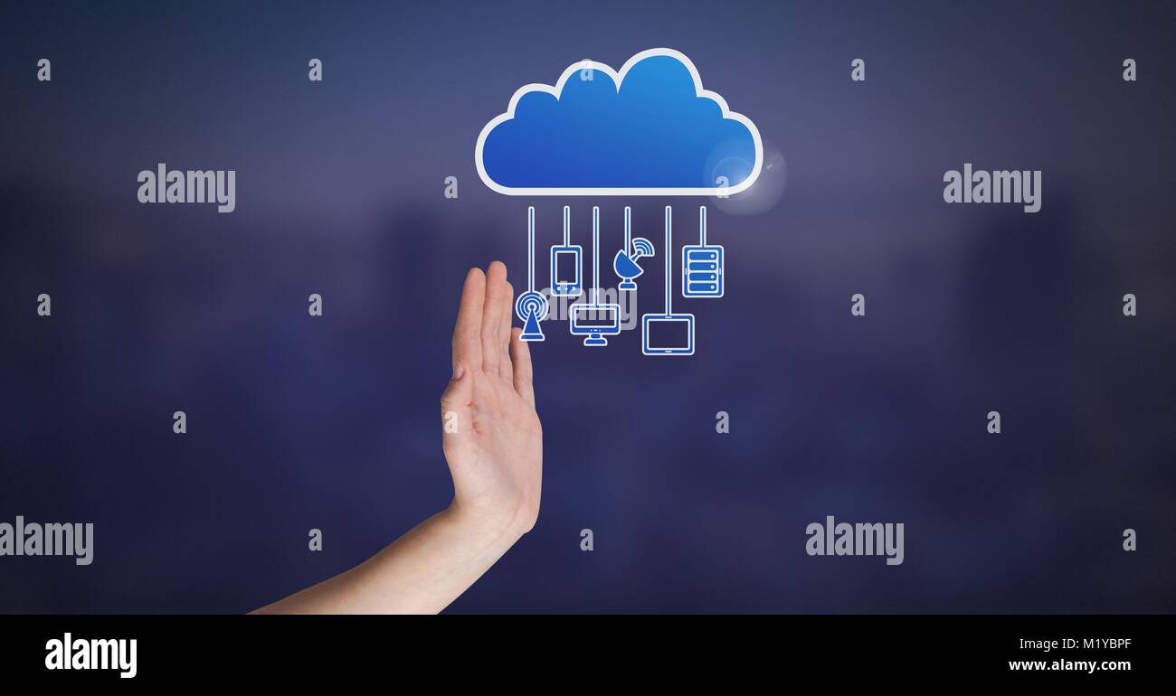 Hand with cloud icon and hanging connection devices Stock Photo - Alamy
