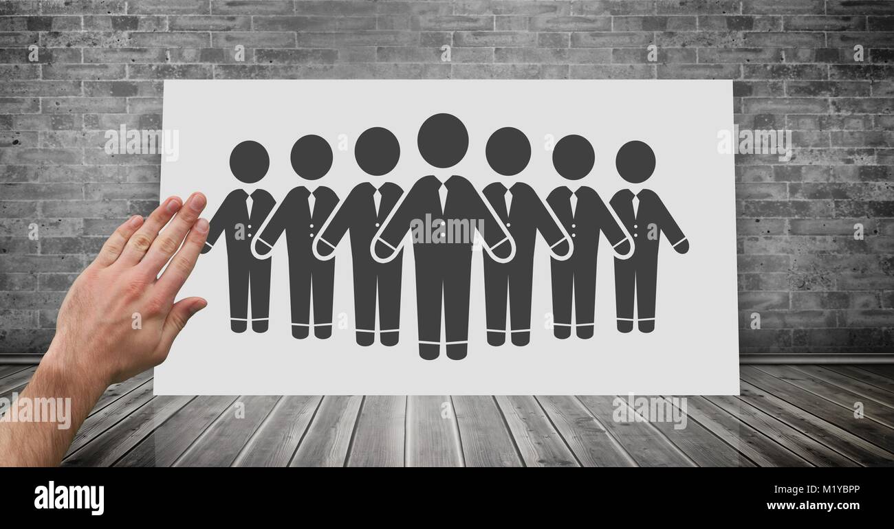 Hand touching business people group icon on board Stock Photo - Alamy