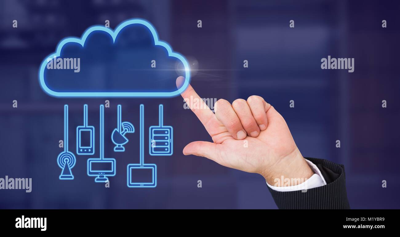 Hand with cloud icon and hanging connection devices Stock Photo - Alamy