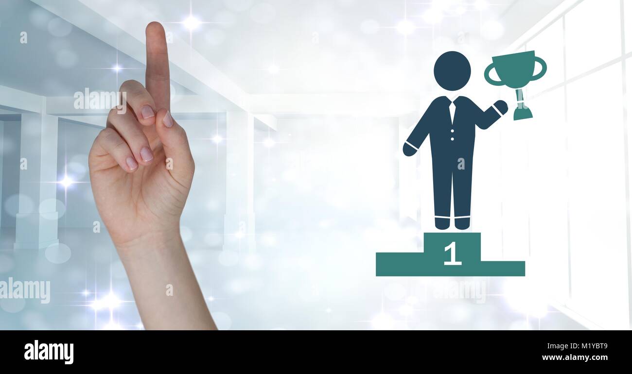 Hand pointing up with businessman celebration success and victory with ...