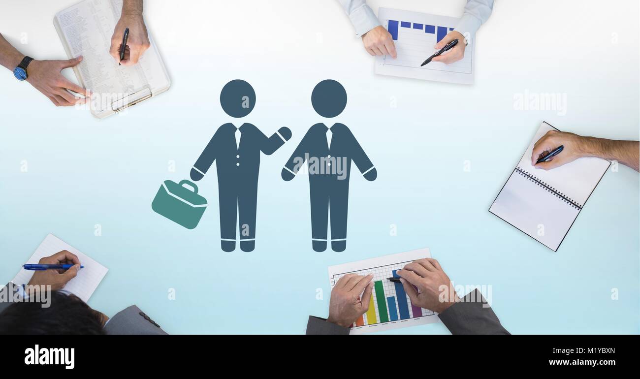 Business people meeting with briefcase icon and hands working on desk ...