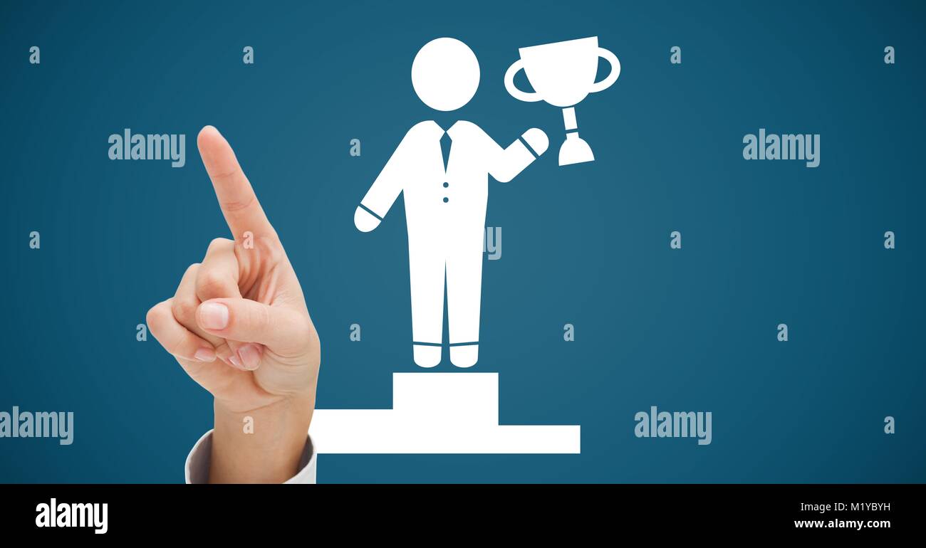 Hand pointing up with Celebration victory person icon holding trophy ...