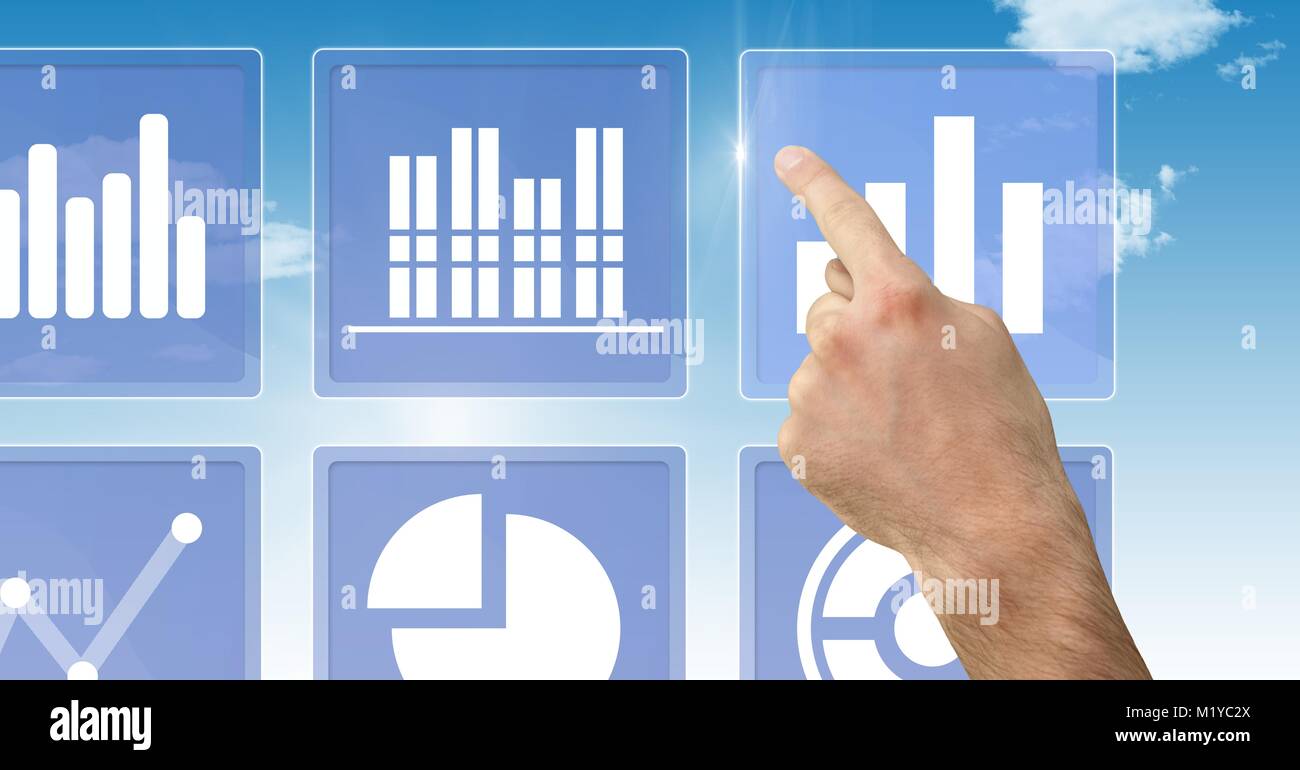 Hand touching business chart statistic icons Stock Photo - Alamy