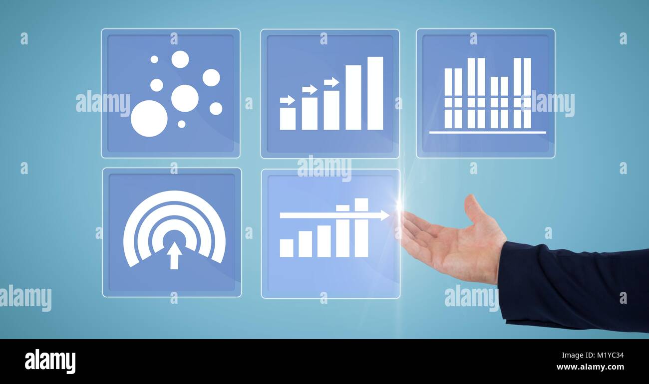 Hand touching business chart statistic icons Stock Photo - Alamy